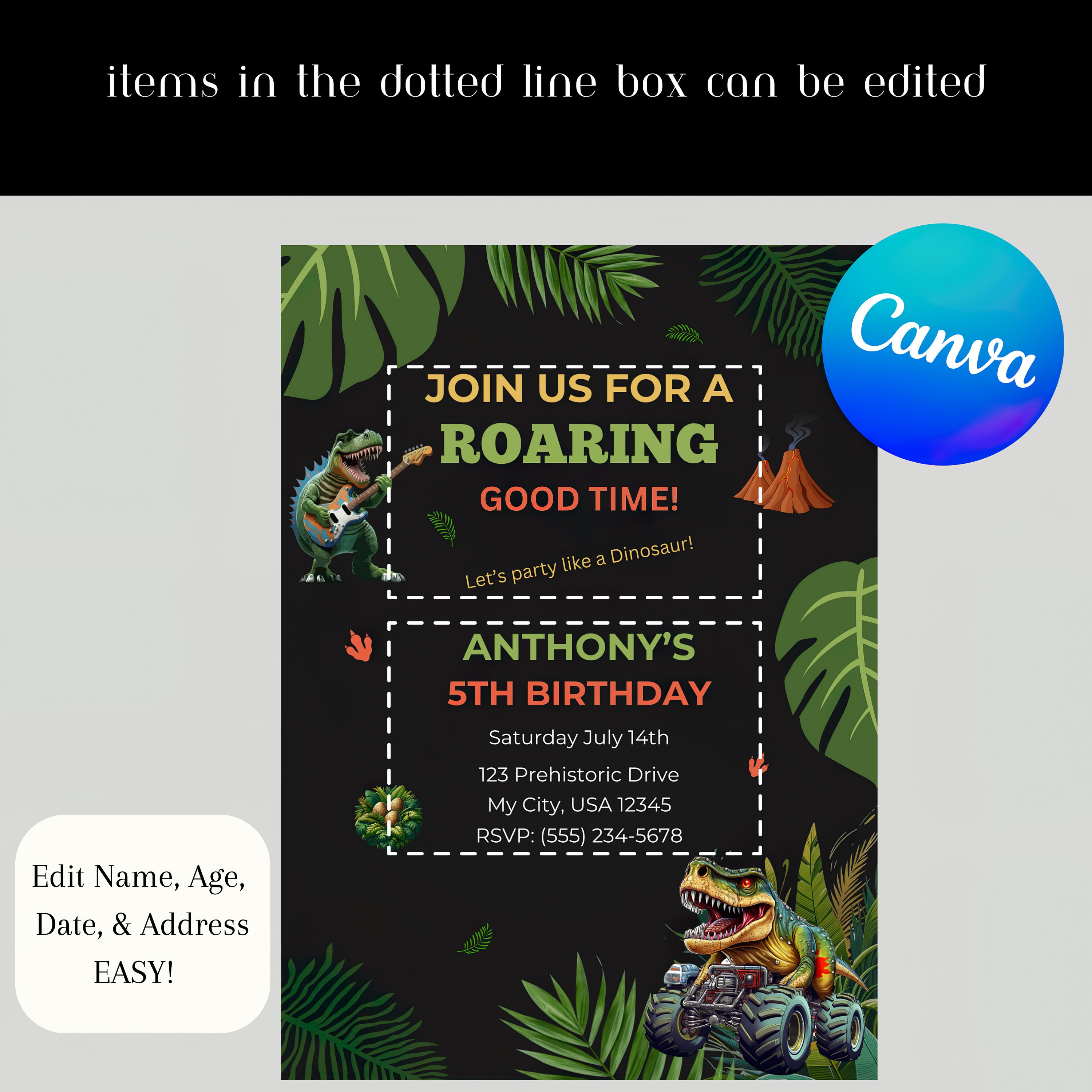 Dinosaur Birthday Invitation Template: Editable Dino Party Invite ...