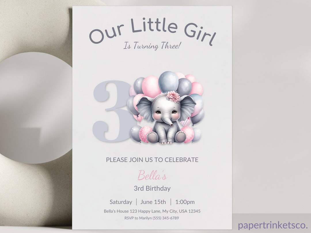 Girl's Elephant Birthday Invitation Editable Template With Instant ...
