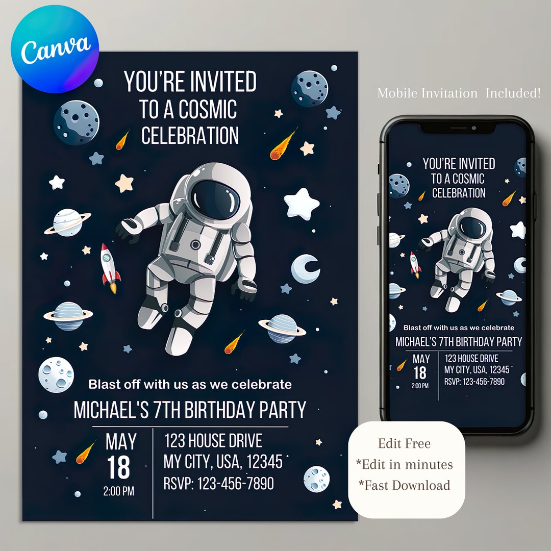Outer Space Birthday Invitation Template, Planets Astronaut Invite ...