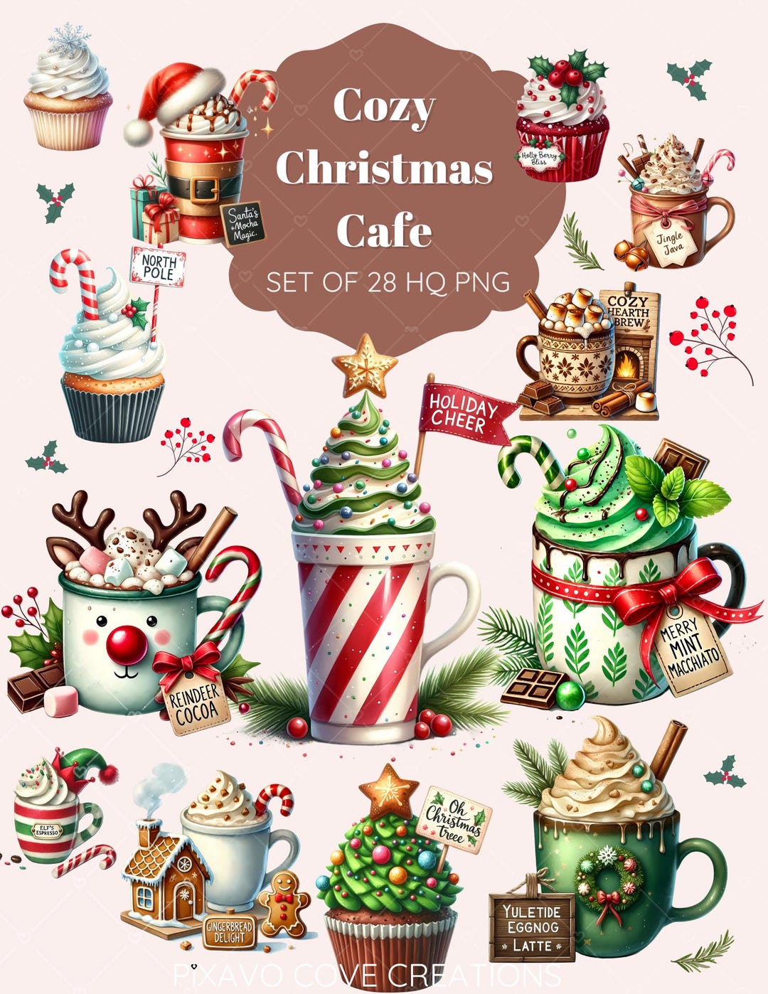 Christmas Cafe Clipart: Festive Watercolor Drinks (28 PNG Set) (digital ...