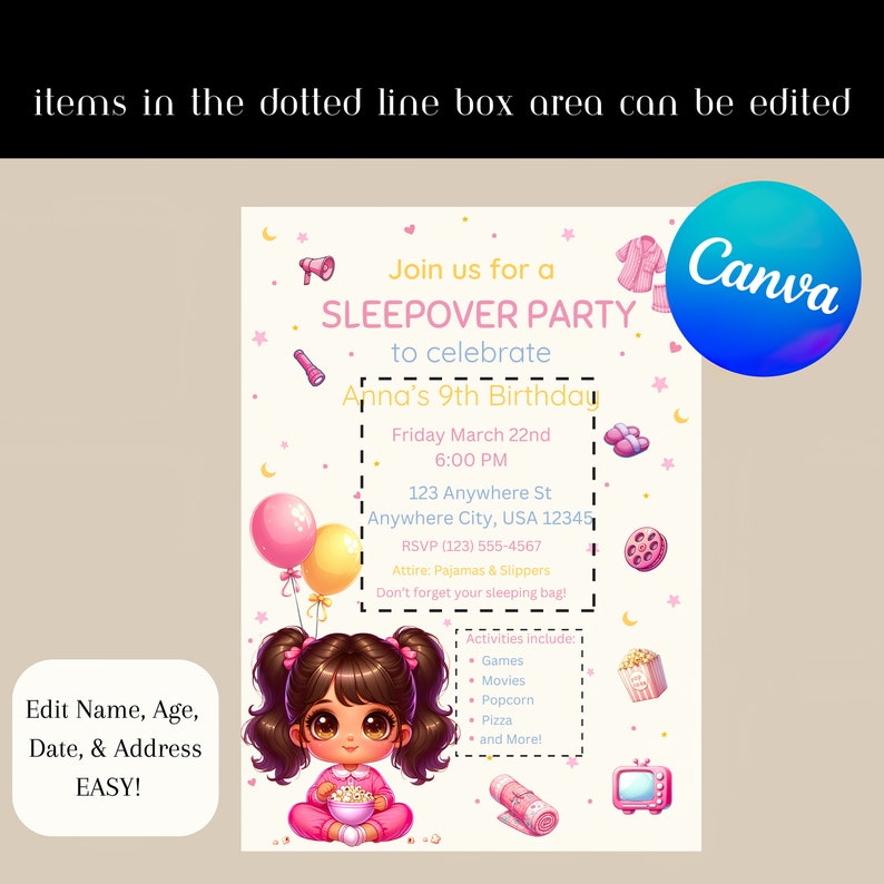 Editable Slumber Party Birthday Invitation Sleepover Birthday Invite