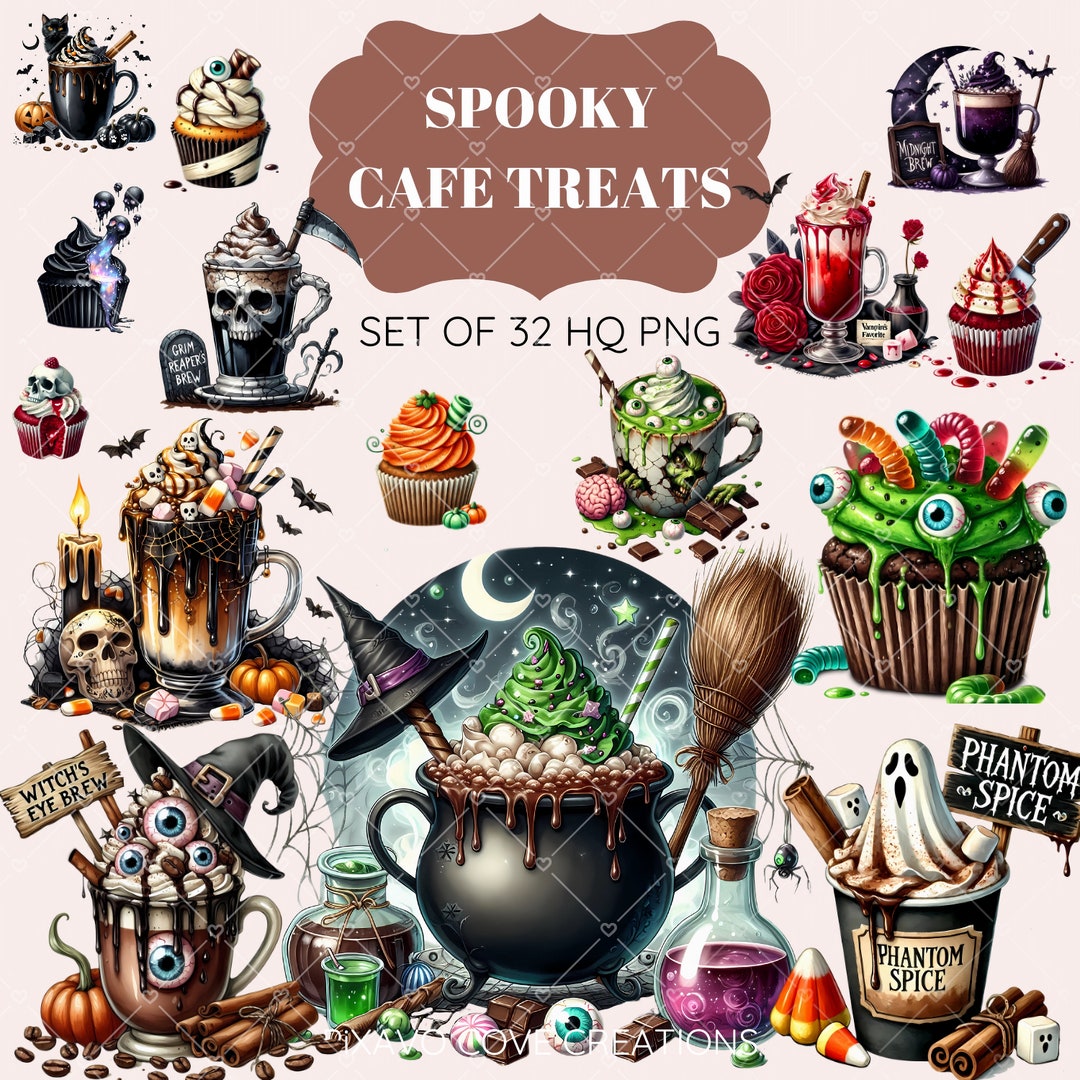 Halloween Coffee Clipart: Spooky Watercolor Drinks, Witch, Pumpkin (32 ...