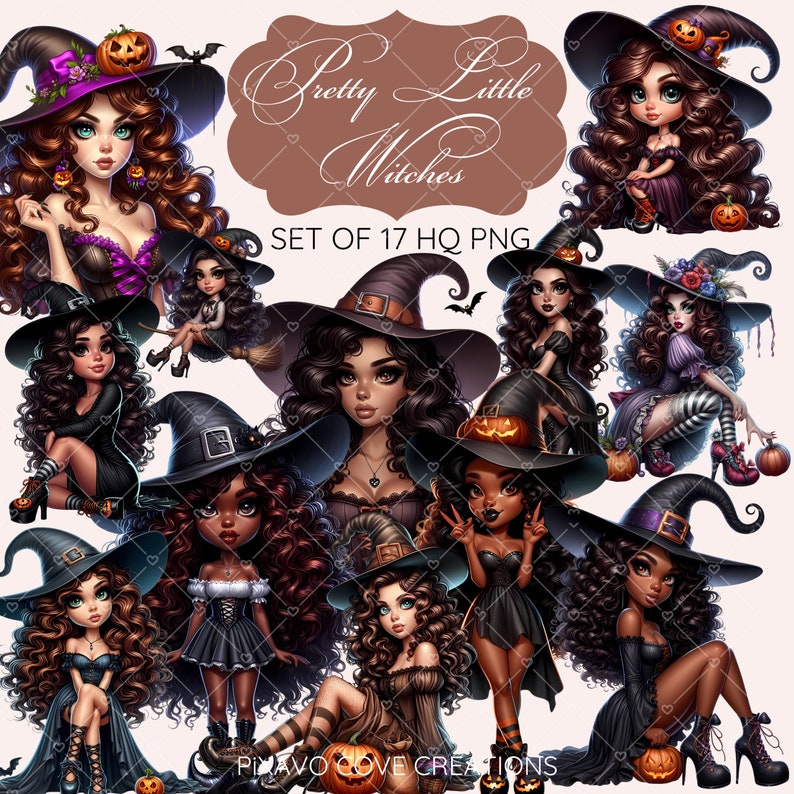 Cute Witch Clipart Set, Pretty Little Witches, Halloween PNG, Halloween ...