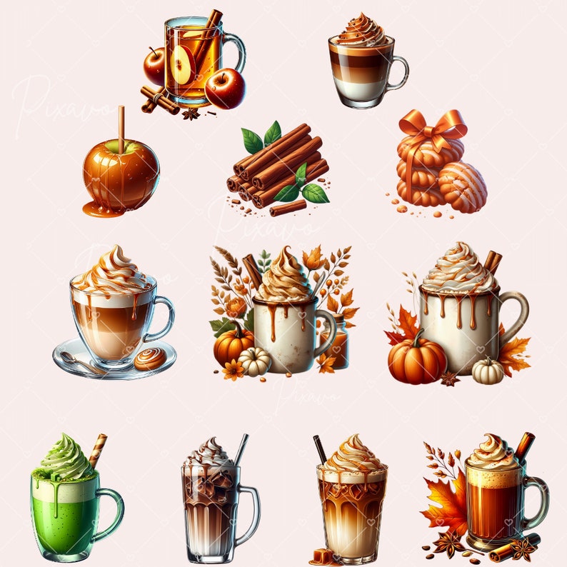 Cozy Autumn Treats Clipart: Fall Drinks, Pumpkin Spice (PNG Digital ...