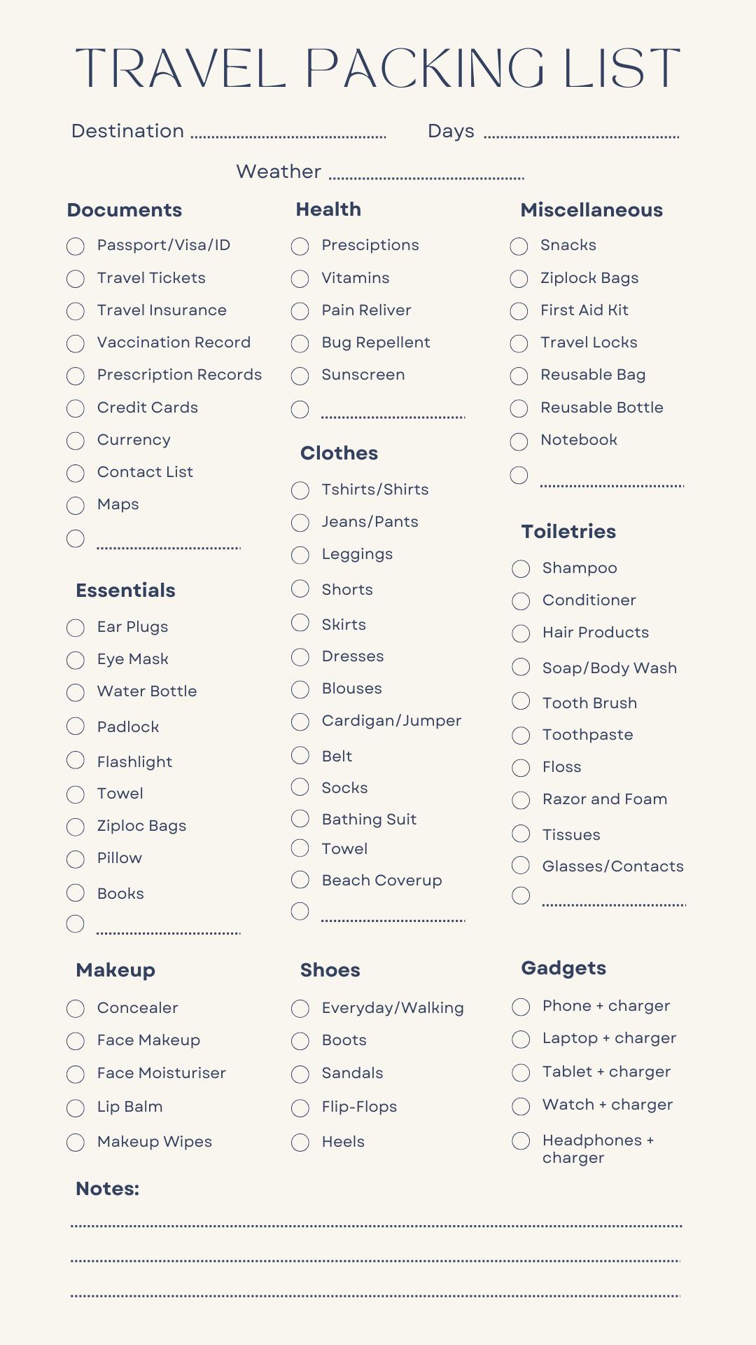 Editable Travel Packing List, Travel Checklist Printable, Travel ...