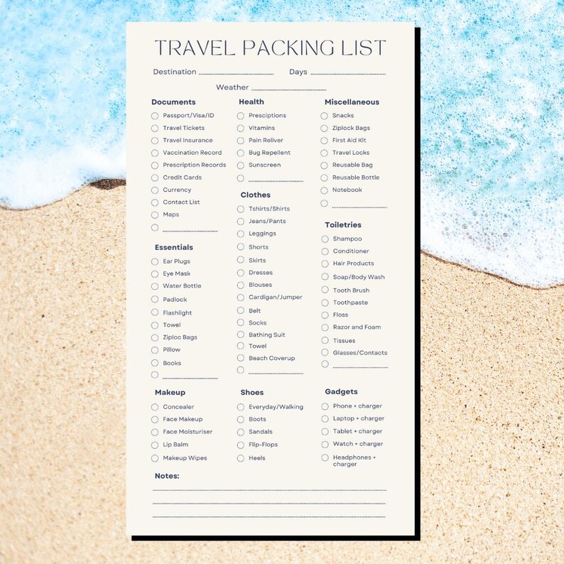 Editable Travel Packing List, Travel Checklist Printable, Travel ...