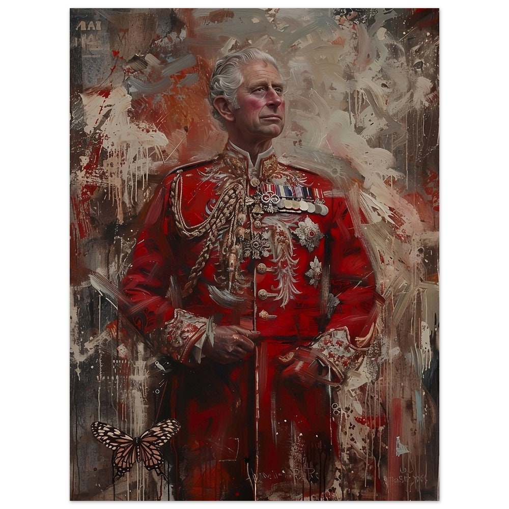 Majestic Portrait of King Charles III in Regal Red Attire - Original ...