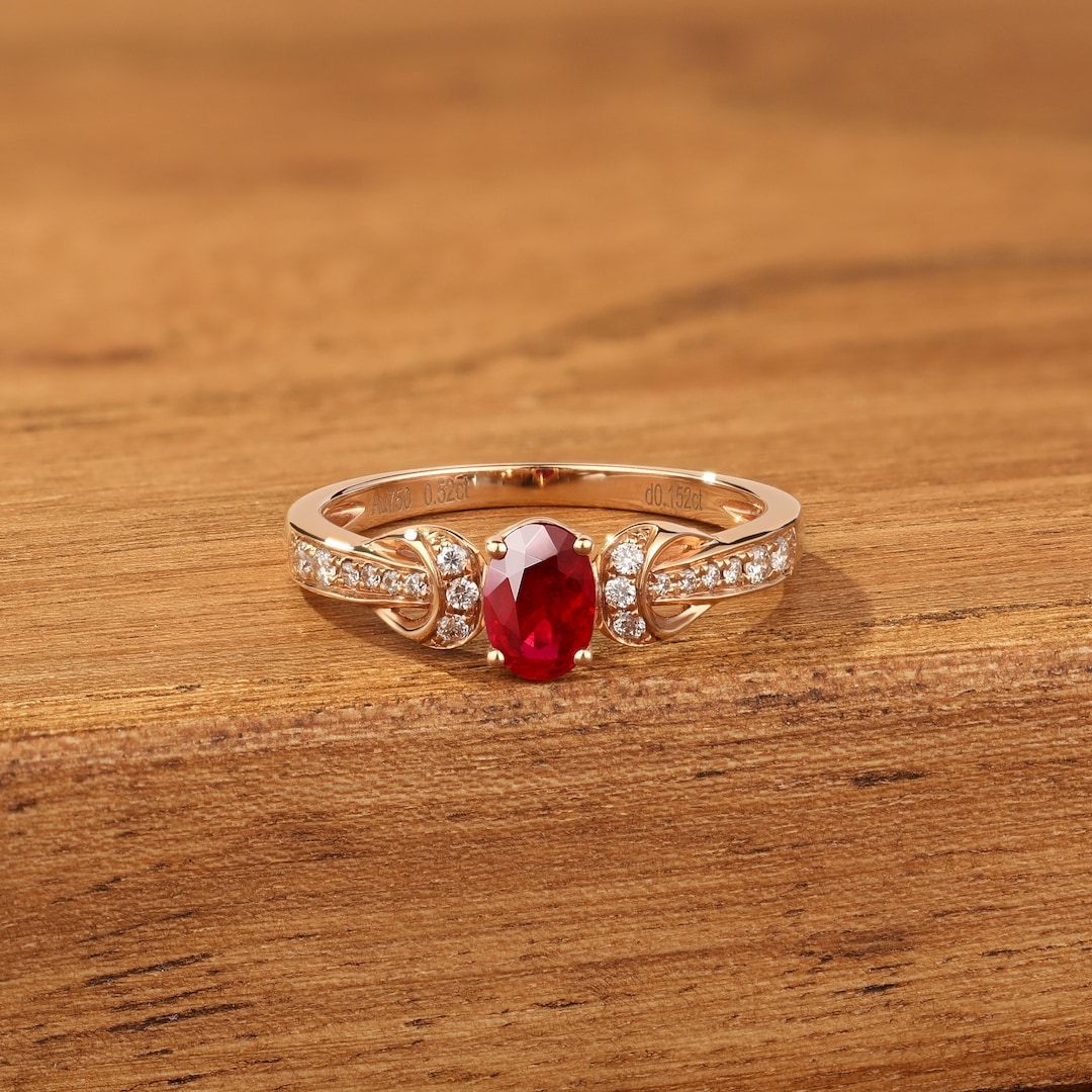 Pigeon Blood Red Ruby Ring, 18k Solid Gold Ring ,oval Ruby Ring With Diamond, Engagement Ring ...