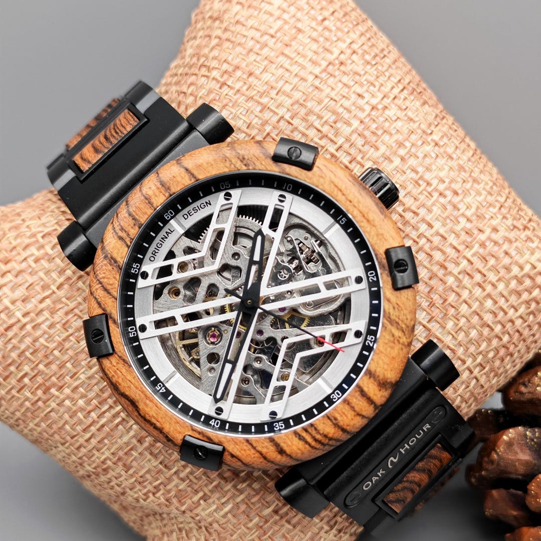 Engraved Wooden Watch for Mens | Wood Barrel Automatic Skeleton Dial ...