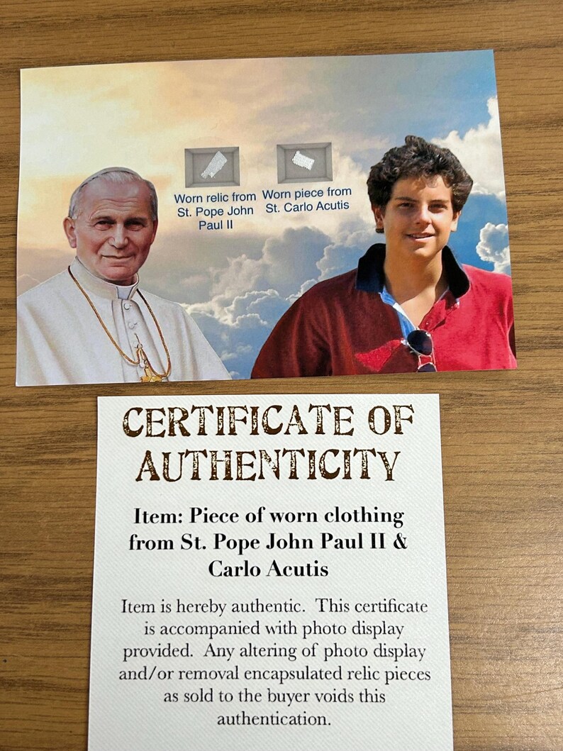 Pope John Paul II and Carlo Acutis Worn Relic Piece Photo Display ...