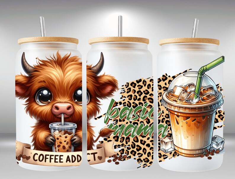 Highland Cow • Coffee Addict • Sublimation • 16oz Glass Can • UVDTF ...