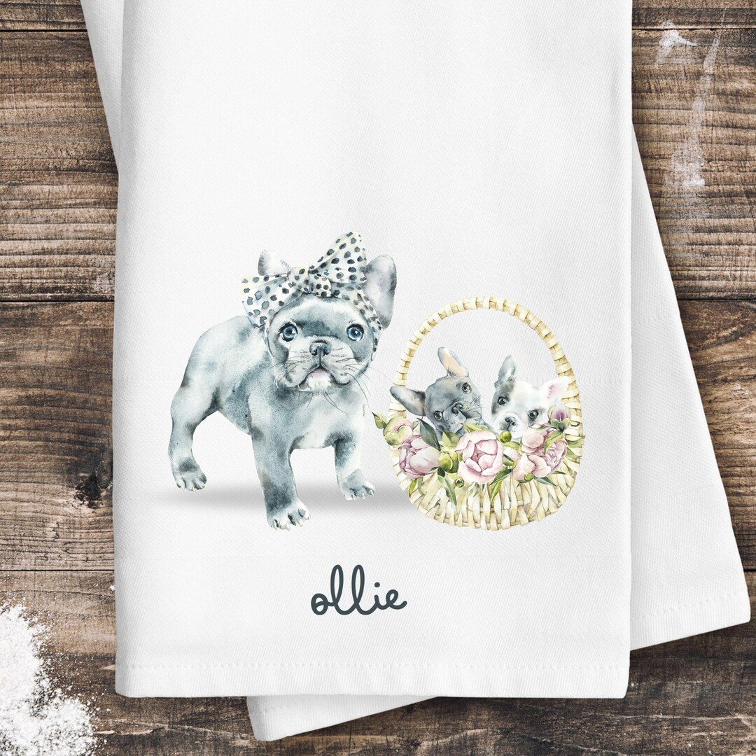 Blue French Bulldog Tea Towel - Personalized Dog - Watercolor Frenchie ...