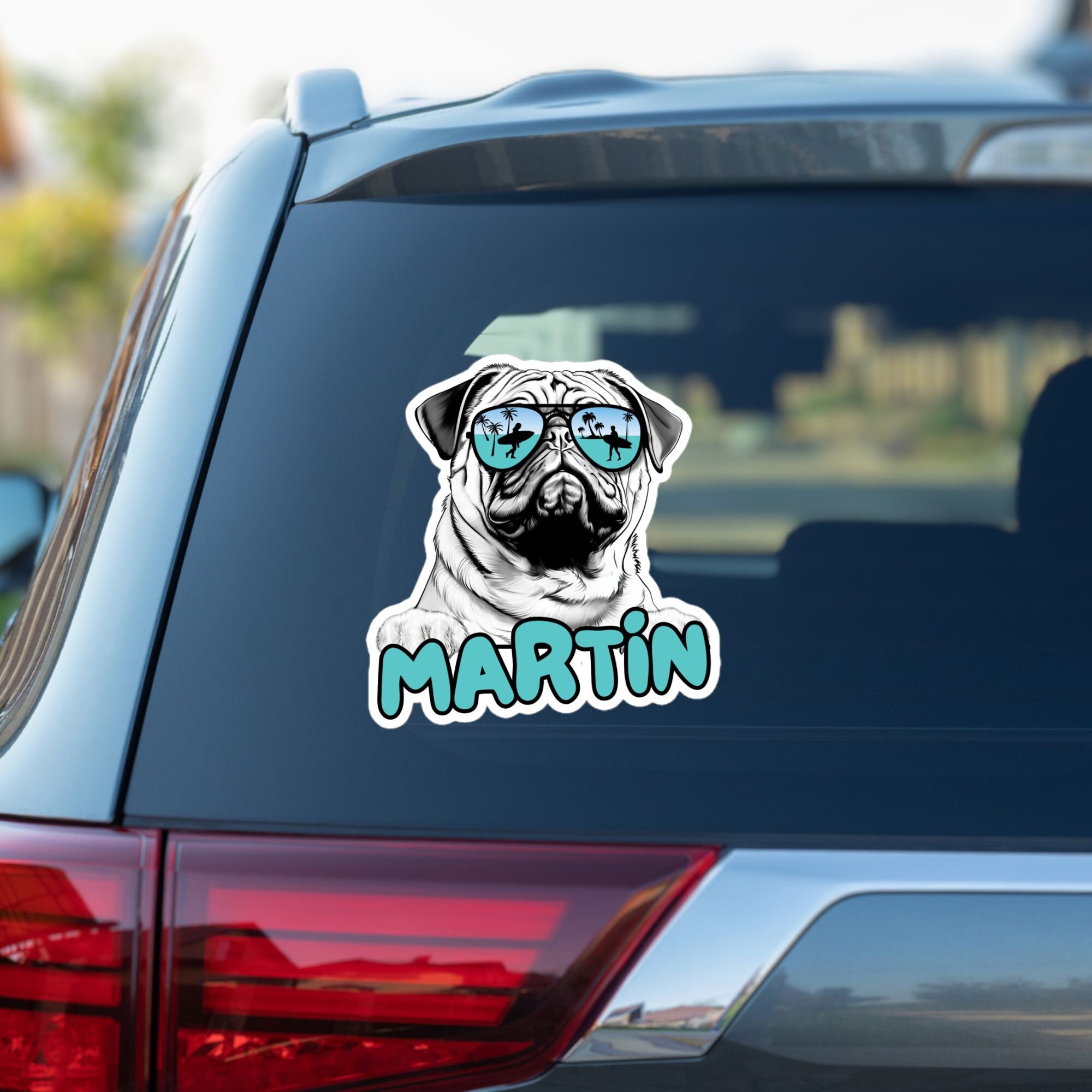 Pug Car Decal: Mops Dog With Sunglasses Sticker, Personalized Dog Name ...