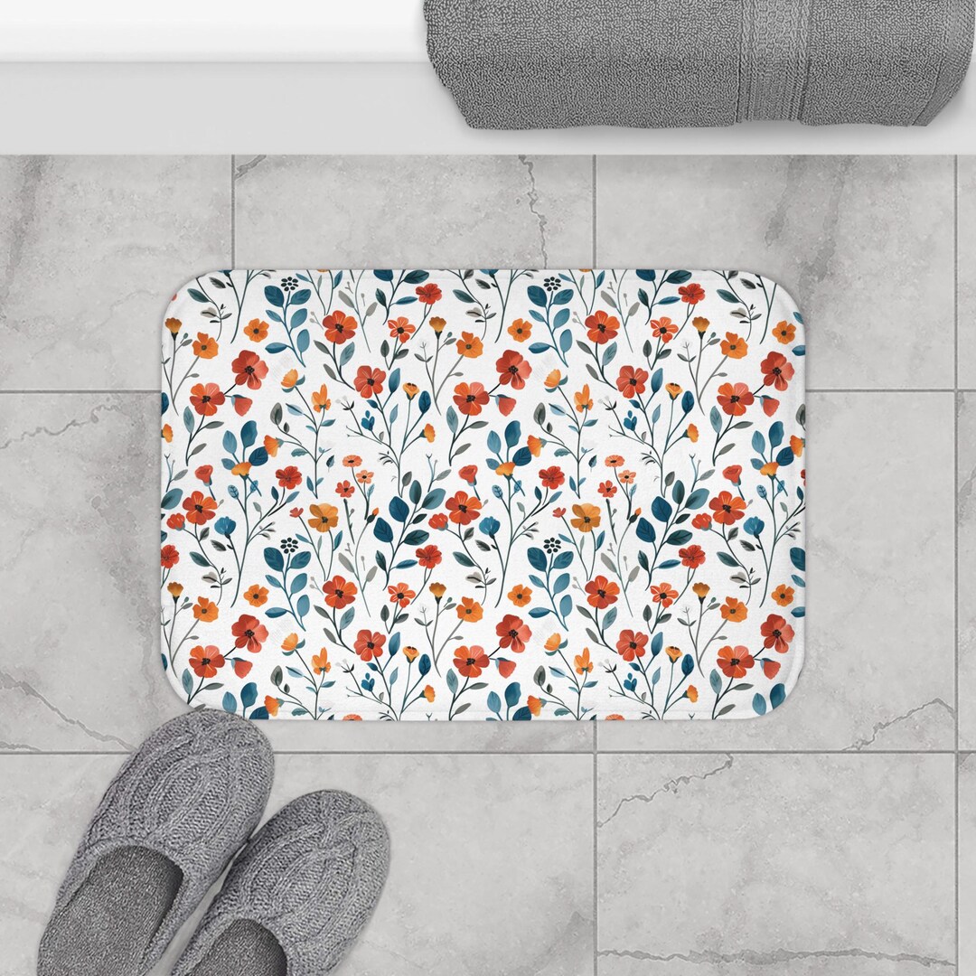 Red and Blue Floral Bath Mat Colorful Wildflowers Cottagecore Bathroom ...