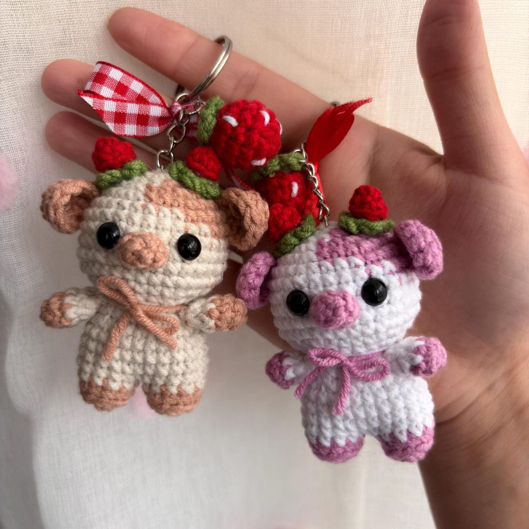 Crochet Strawberry Cow Keychain – Amigurumi Plush Bag Charm, Kawaii ...