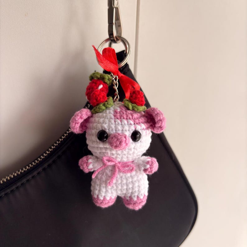 Crochet Strawberry Cow Keychain – Amigurumi Plush Bag Charm, Kawaii ...