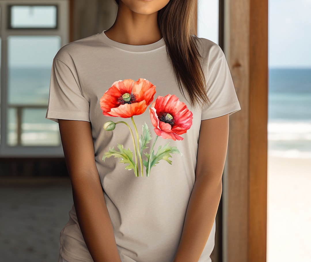 Poppy Floral T-shirt, Birth Flower, Birthday Month Flower, August - Etsy