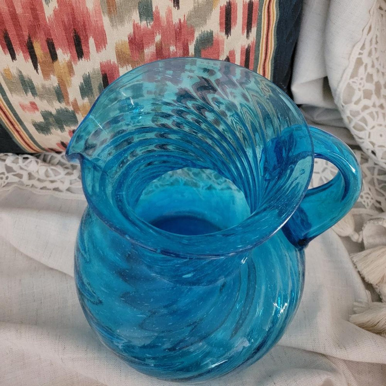 Hand-blown, Mexican Glass Pitcher, Swirl, Aqua - Etsy