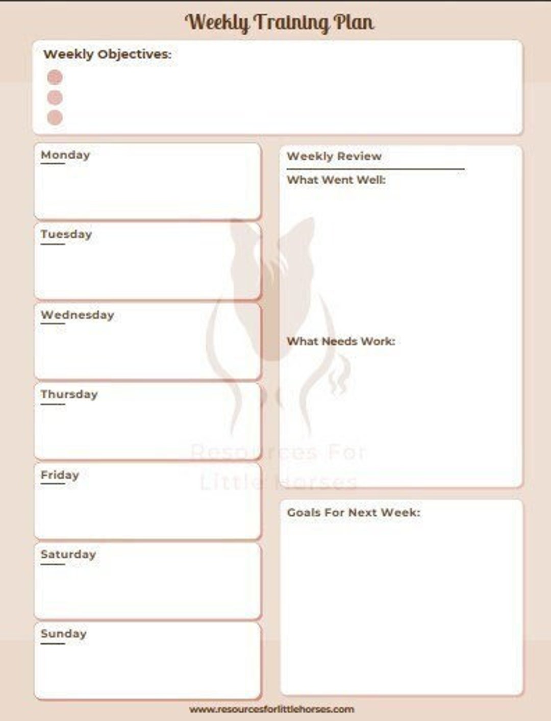 Equine Weekly Training Planner Printable, Horse Training, Horse Plan, Goal Setting, Horse ...