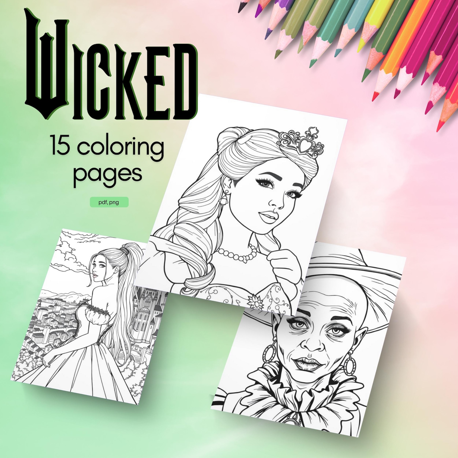 Wicked Inspired 15 Coloring Pages Bundle – Color Glinda, Elphaba - Etsy