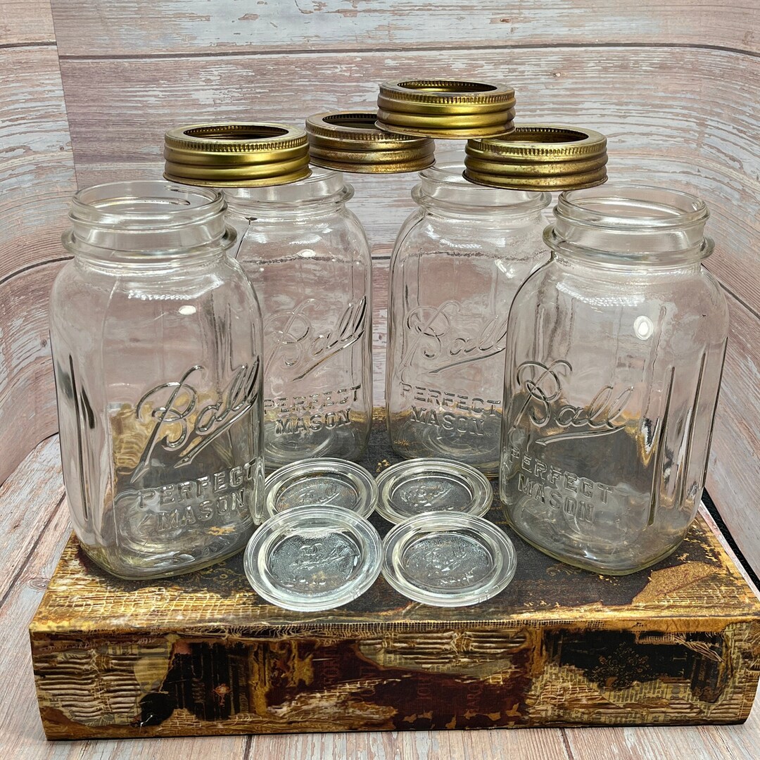 4 Vintage Ball Perfect Mason Square Clear Glass Ribbed Jars With Ball ...