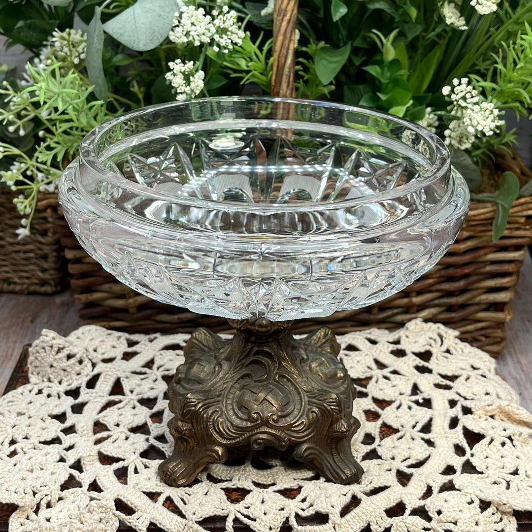 Vintage Crystal Cut Glass Compote Dish With Brass Base - Clear Crystal ...