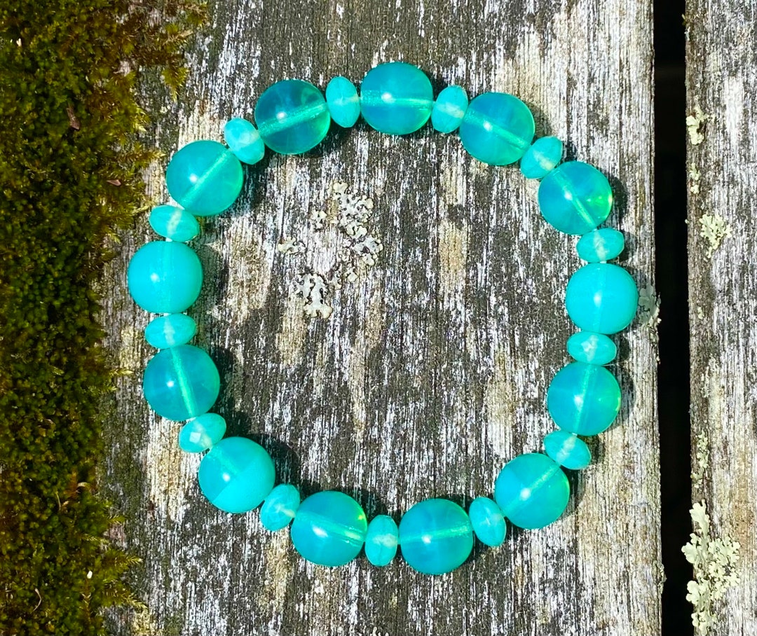 Uranium Glass Stretch Bracelet - 10mm Smooth and 7mm Faceted Blue Green ...