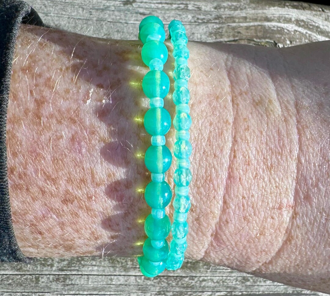 Pair of Uranium Glass Stretch Bracelets - 6mm Smooth Blue Green Opal UV ...