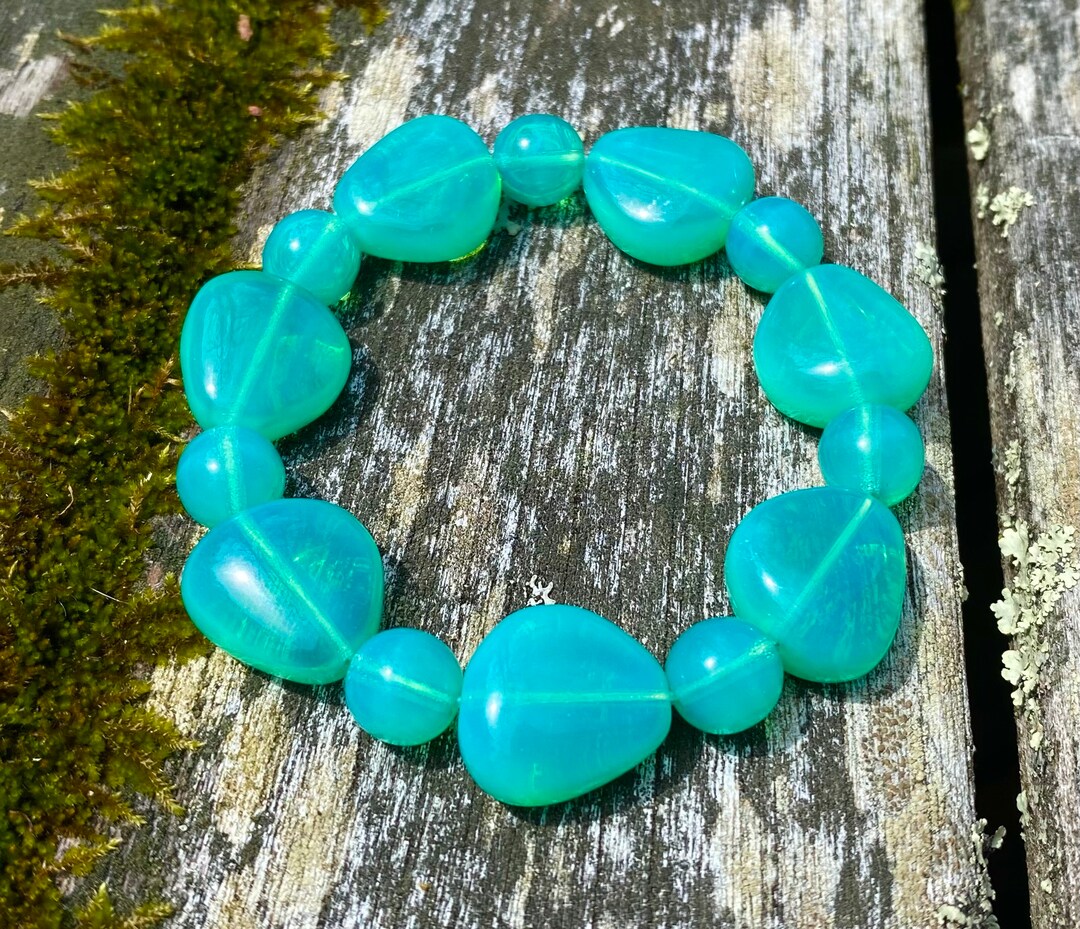 Uranium Glass Stretch Bracelet - Nuggets & Round Blue Green Opal UV ...