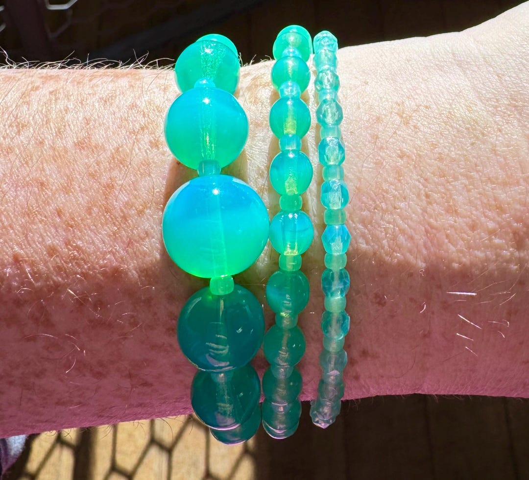 Set of 3 Uranium Glass Stretch Bracelets - 14mm Smooth Blue Green Opal ...