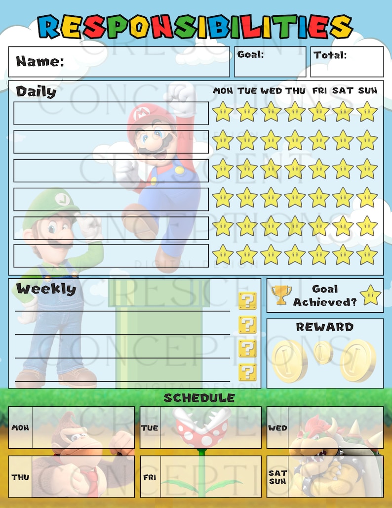 Super Mario Bros Chore Chart for Kids, Responsibility Chart for Kids ...