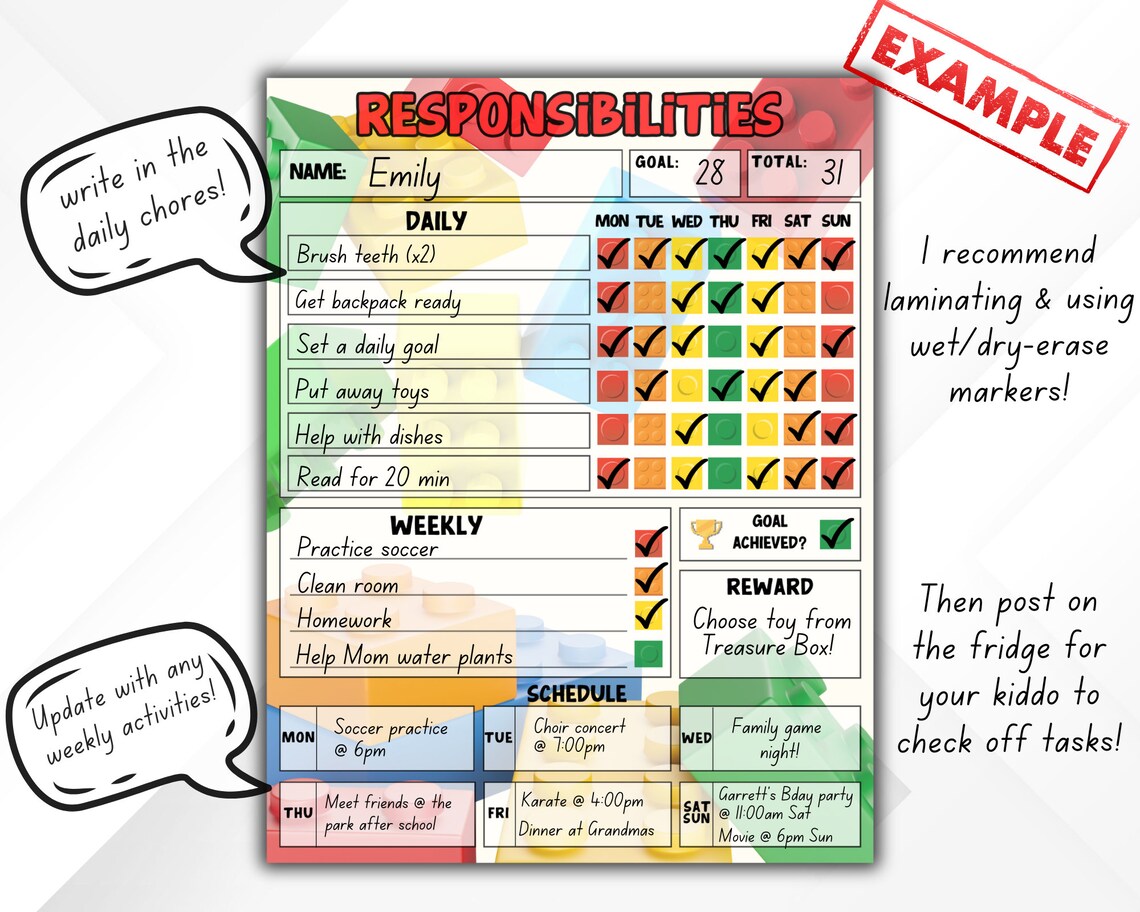 Printable Chore Chart for Kids, Responsibility Chart for Kids, Kids ...