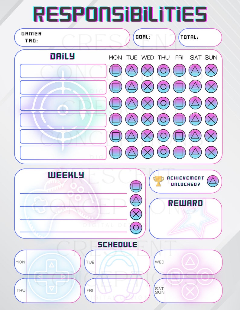 Printable Gamer Chore Chart for Kids, Responsibility Chart for Kids ...