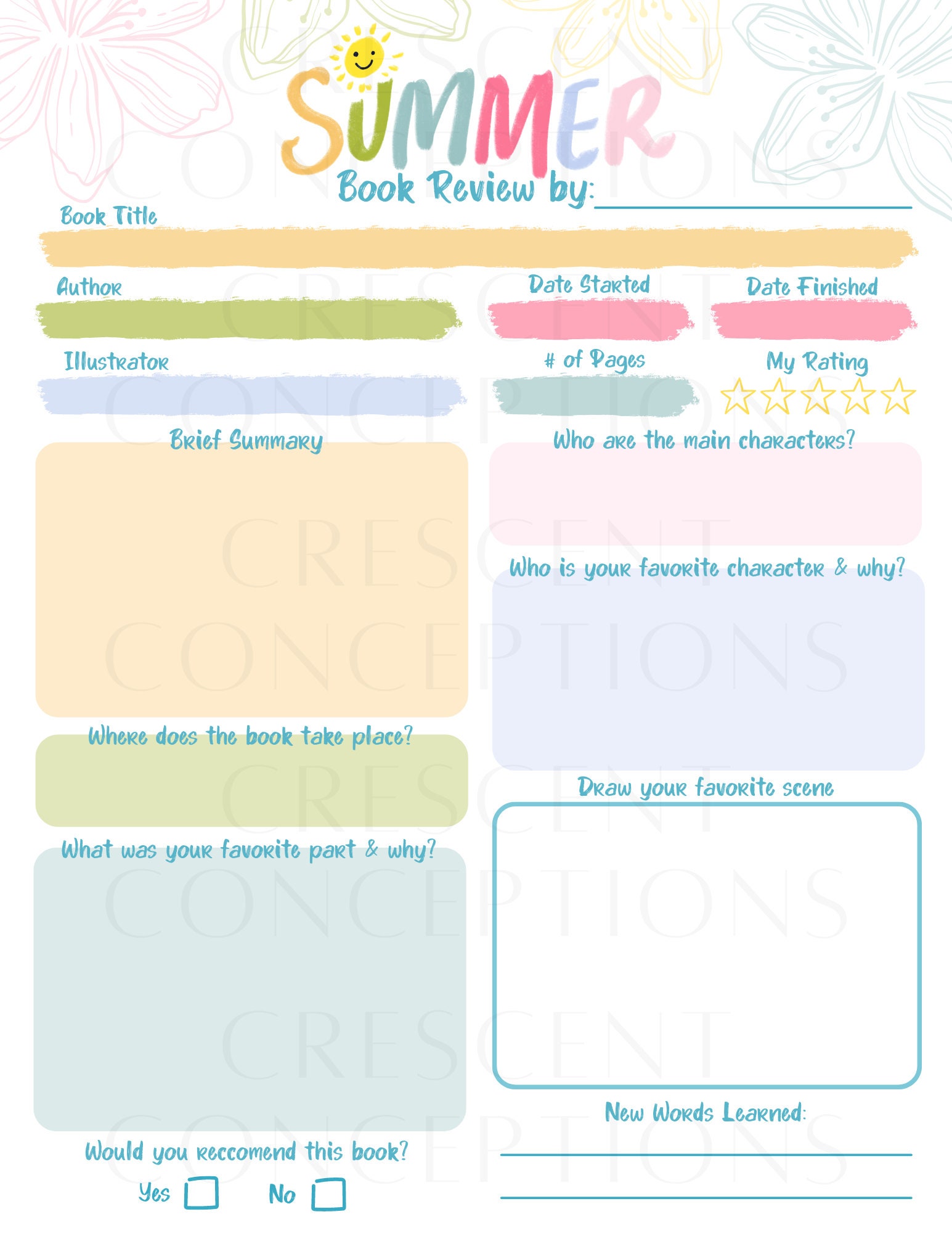Summer Book Review Worksheet, Printable Book Report (digital Download ...