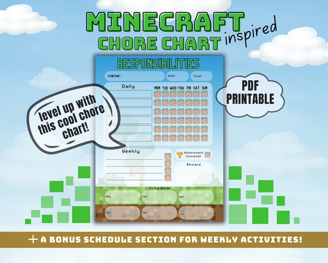 MINECRAFT inspired Chore Chart for Kids Daily, Weekly, With Reward, and ...