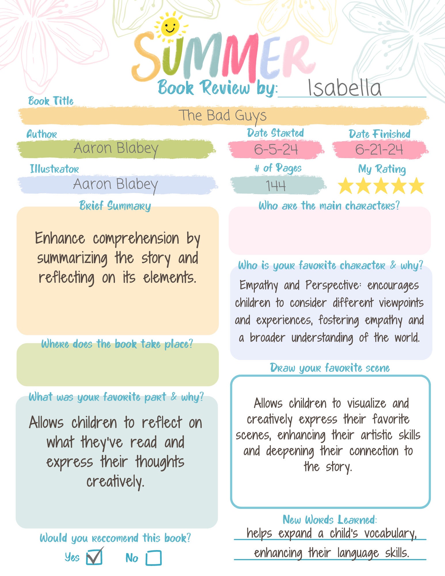 Summer Book Review Worksheet, Printable Book Report (digital Download ...