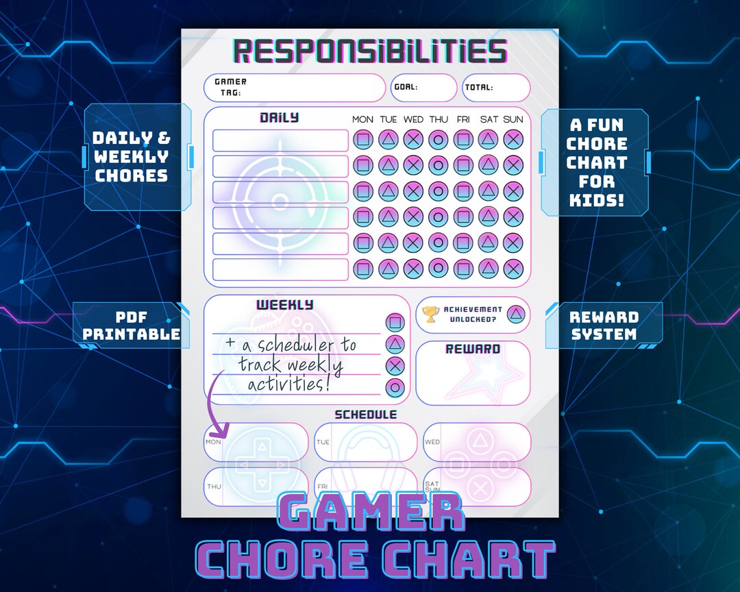 Printable Gamer Chore Chart for Kids, Responsibility Chart for Kids ...
