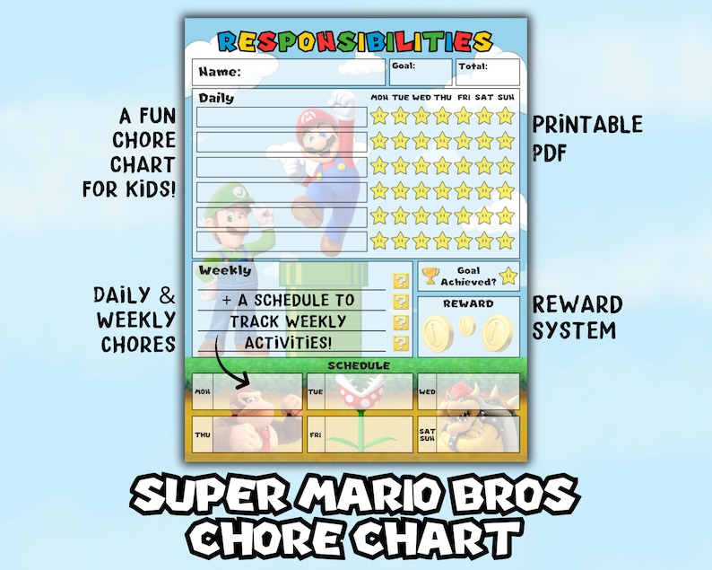 Super Mario Bros Chore Chart for Kids, Responsibility Chart for Kids ...