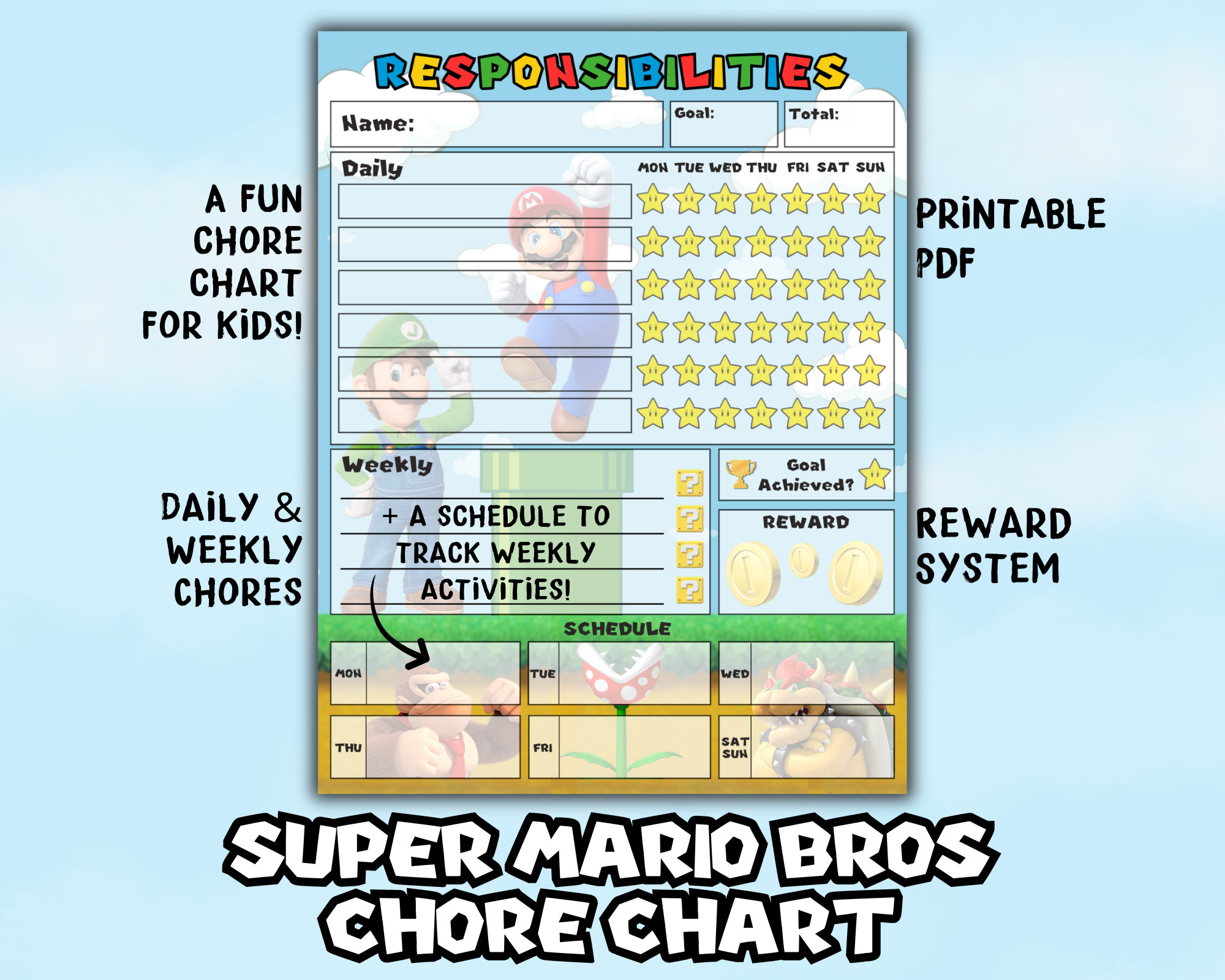 Super Mario Bros Chore Chart for Kids, Responsibility Chart for Kids ...