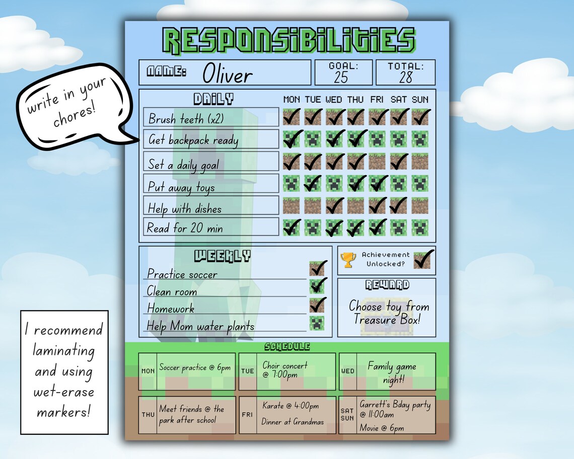 Printable MINECRAFT Chore Chart for Kids,minecraft Creeper Chore Chart ...