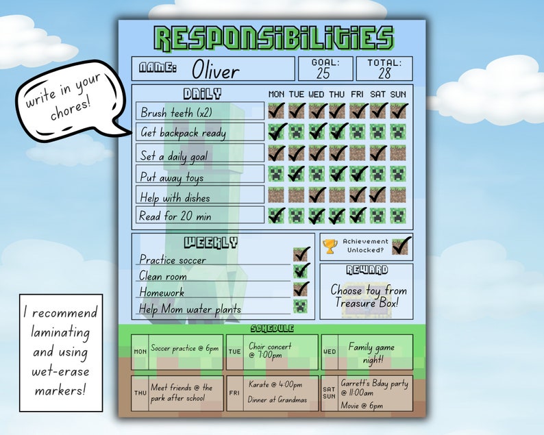 Printable MINECRAFT Chore Chart for Kids,minecraft Creeper Chore Chart ...