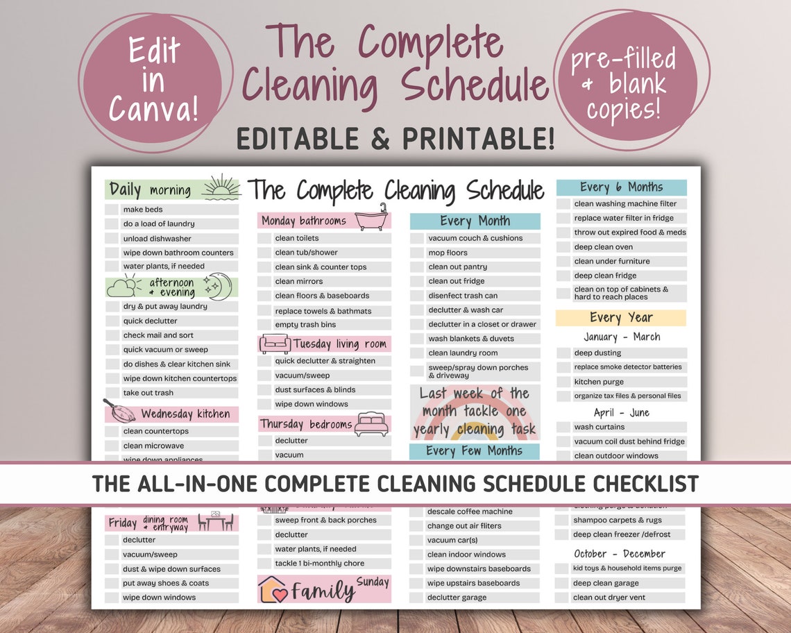 EDITABLE Complete Cleaning Schedule Checklist - Daily, Weekly, Bi ...