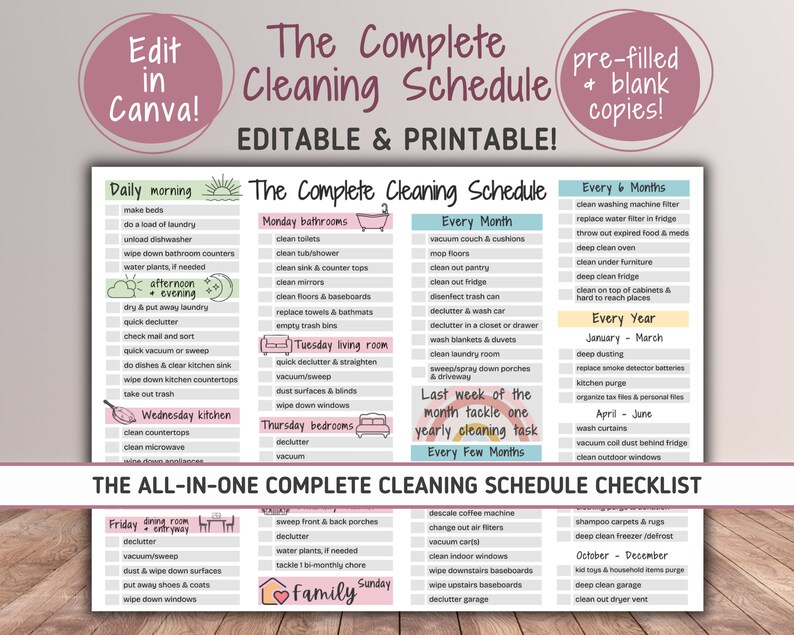 EDITABLE Complete Cleaning Schedule Checklist - Daily, Weekly, Bi ...