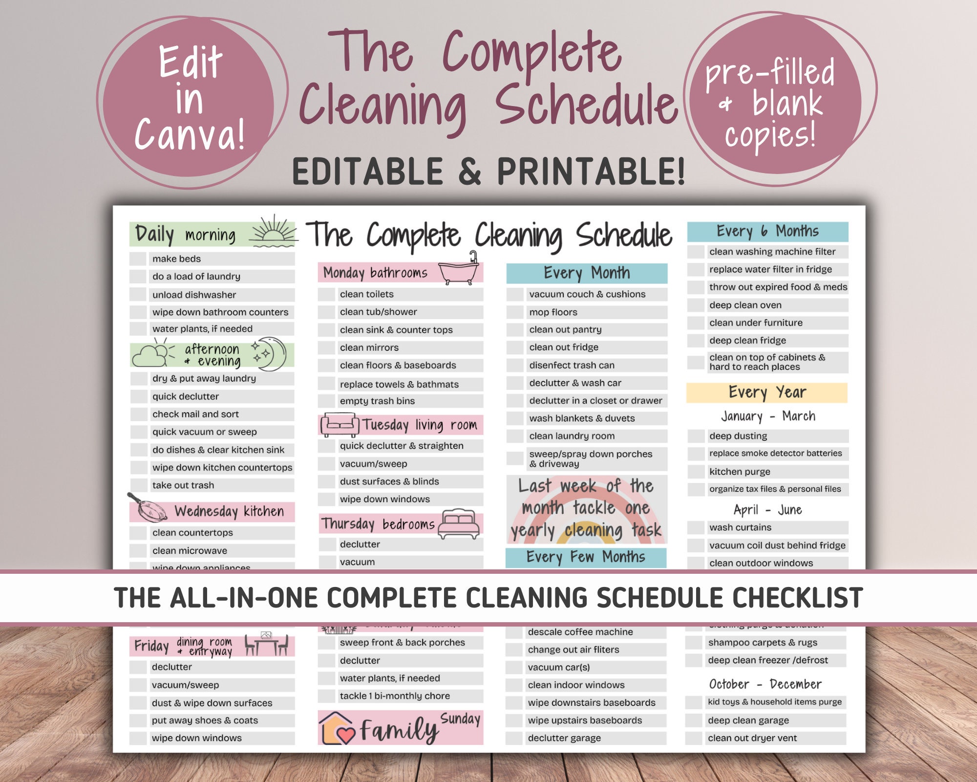EDITABLE Complete Cleaning Schedule Checklist - Daily, Weekly, Bi ...