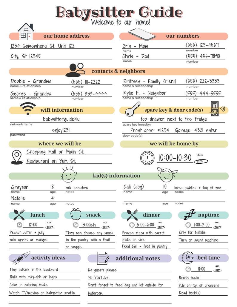 EDITABLE Babysitter Information Sheet,babysitter Guide,babysitter Notes ...