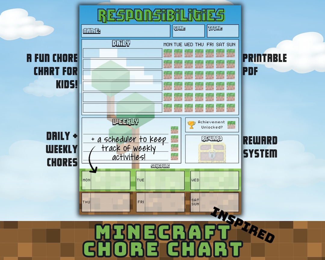 Printable MINECRAFT Chore Chart for Kids,responsibility Chart for Kids,kids Reward Chart ...