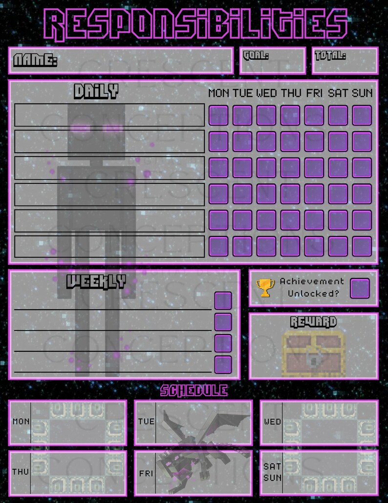 Printable MINECRAFT Chore Chart for Kids,minecraft Enderman Chore Chart ...