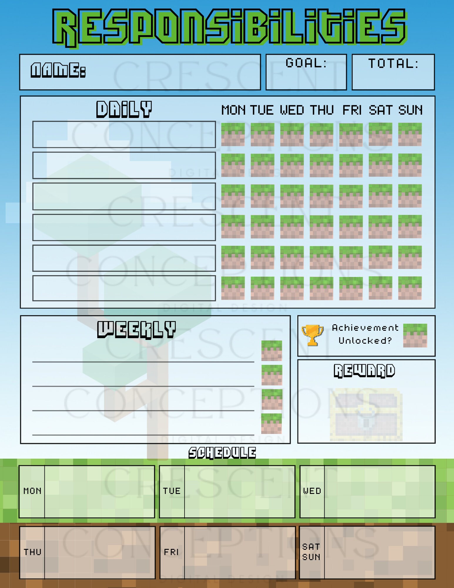 Printable MINECRAFT Chore Chart for Kids, Minecraft Responsibility ...
