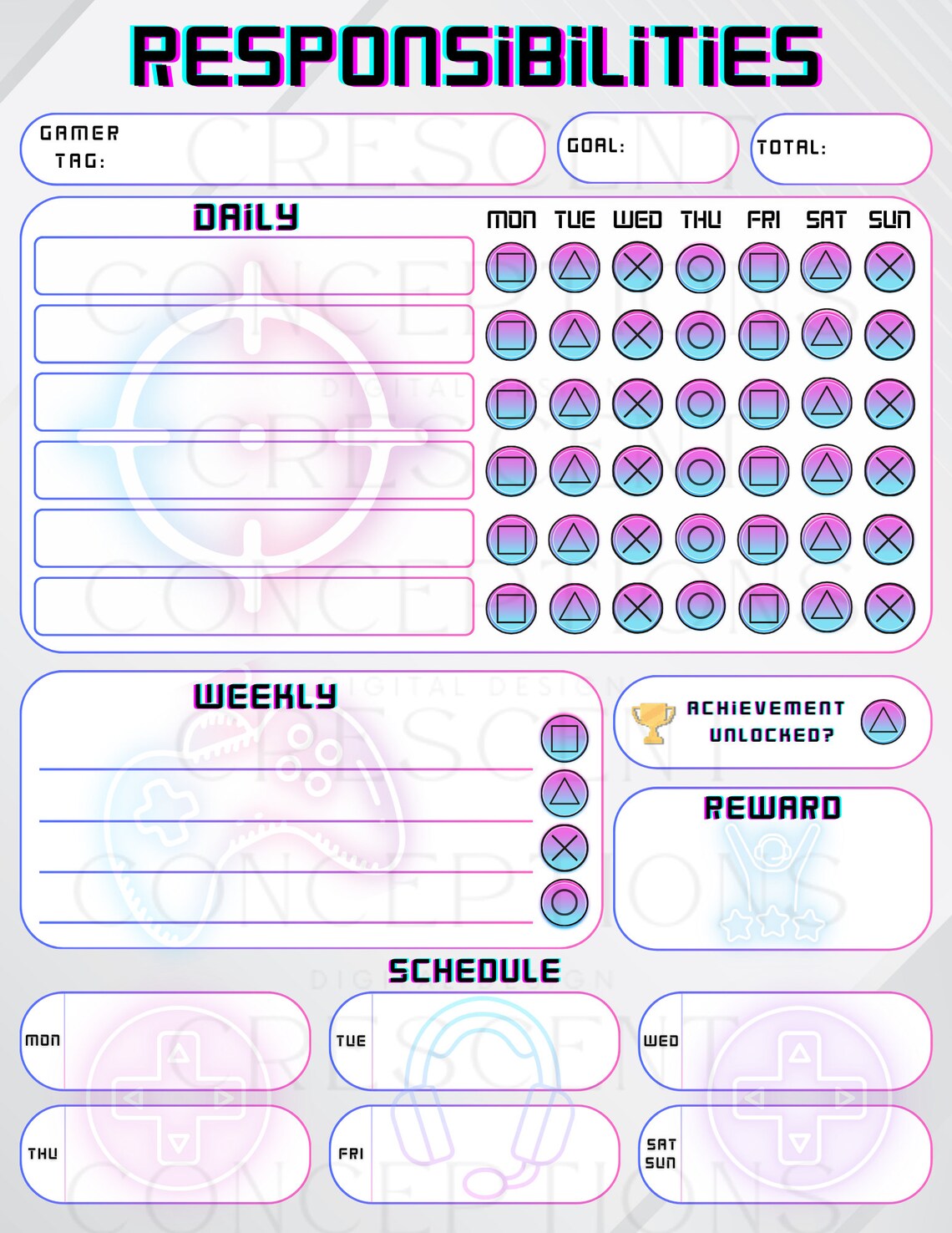 Printable Gamer Chore Chart for Kids, Responsibility Chart for Kids ...