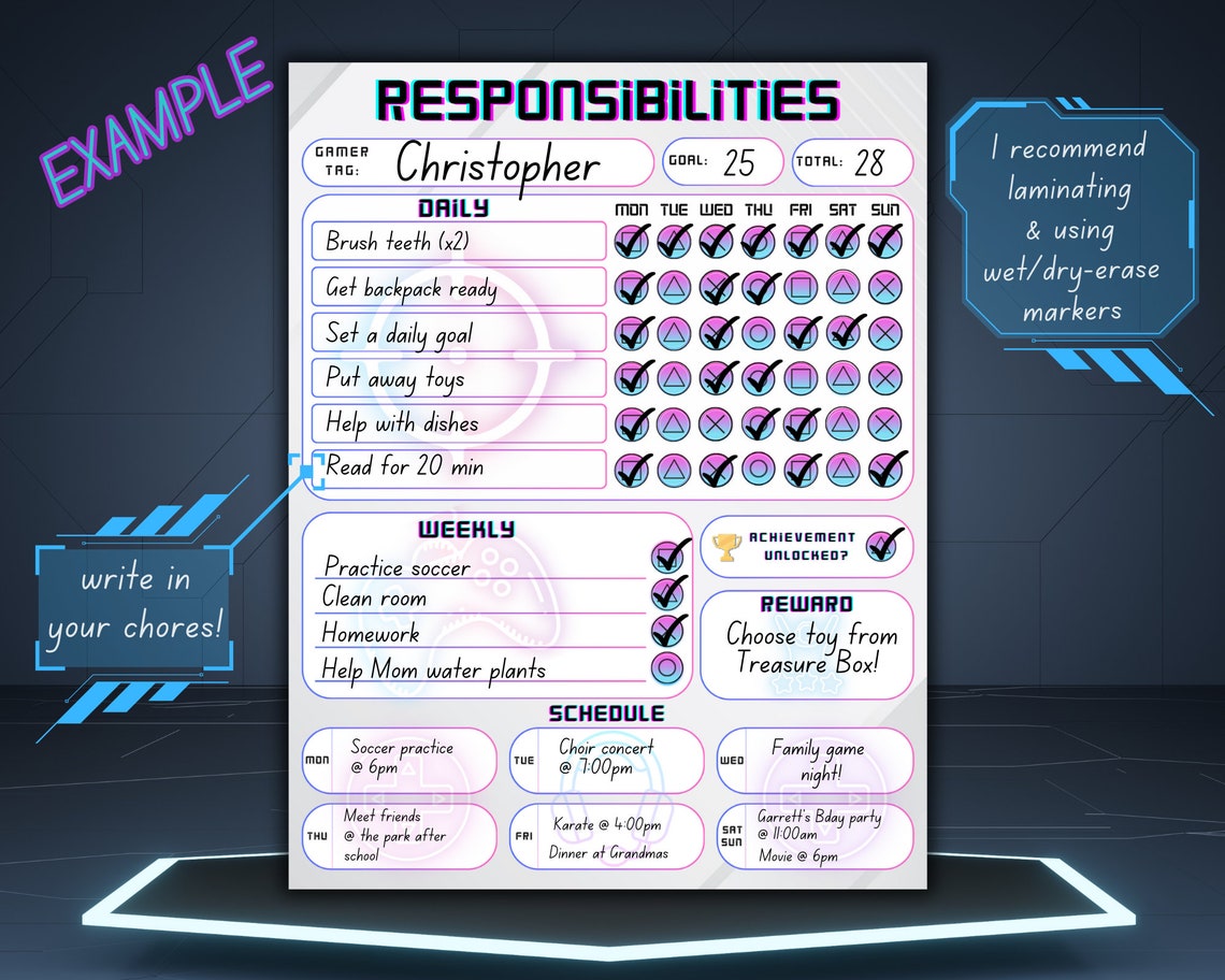 Printable Gamer Chore Chart for Kids, Responsibility Chart for Kids ...
